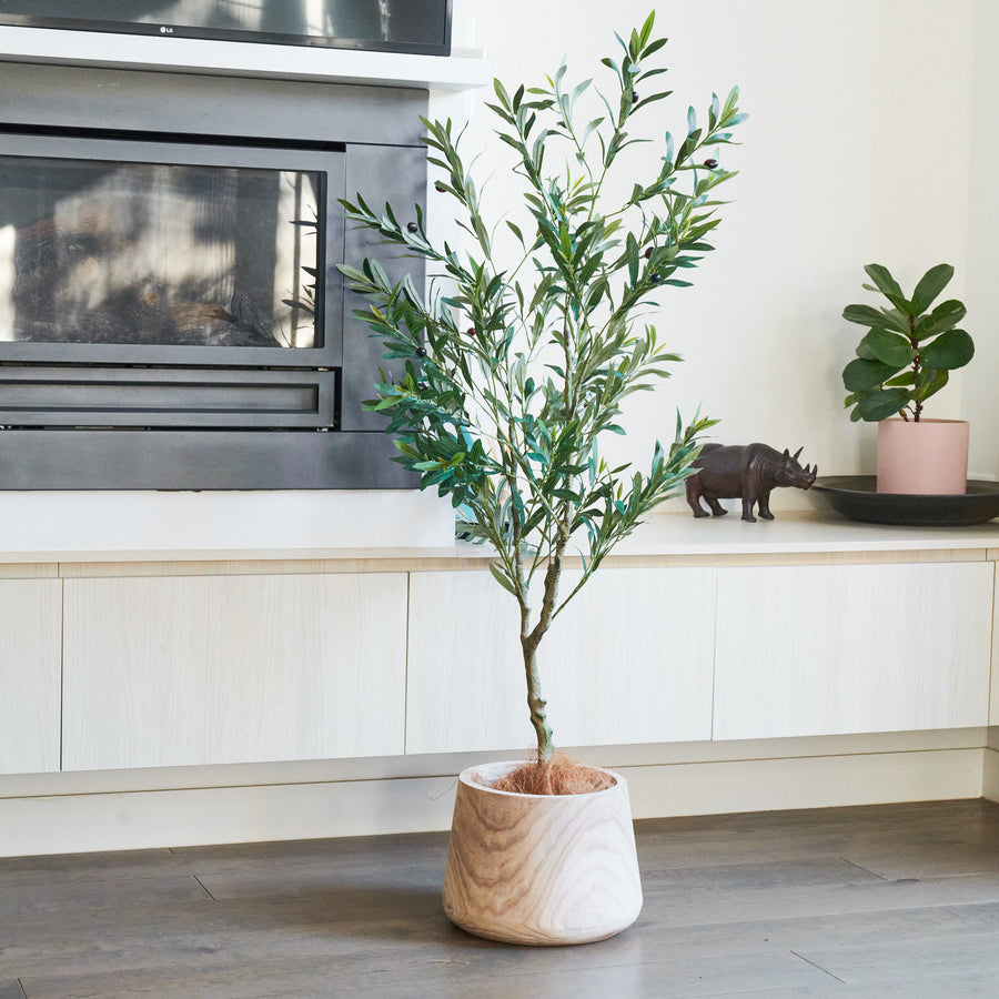 Everly Real Touch Olive Tree with Wood Pot - Artificial Olive Tree